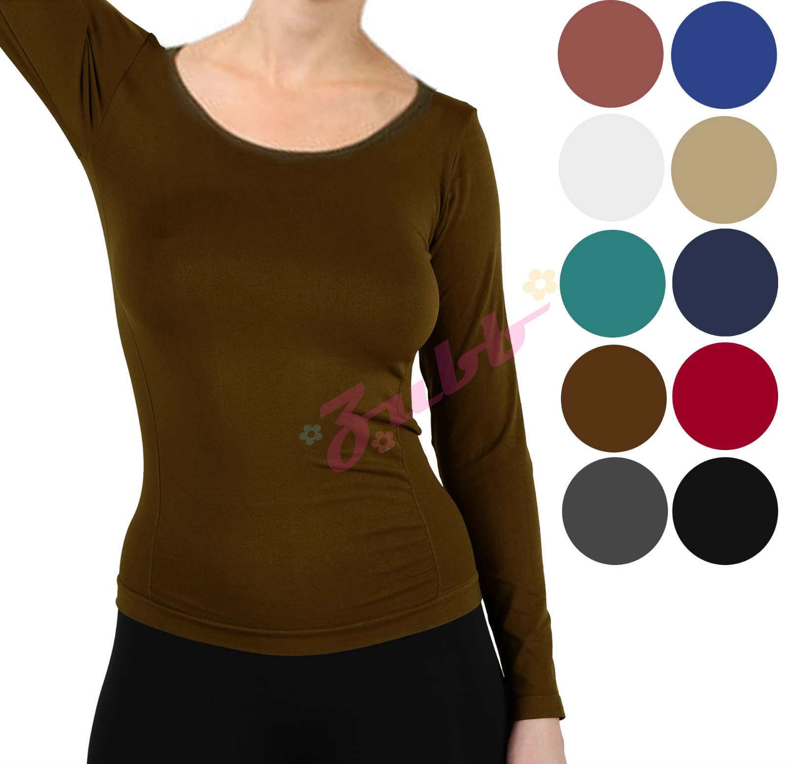 Women Long Sleeve Round Neck Stretch Solid Basic Seamless Stretch Top ...