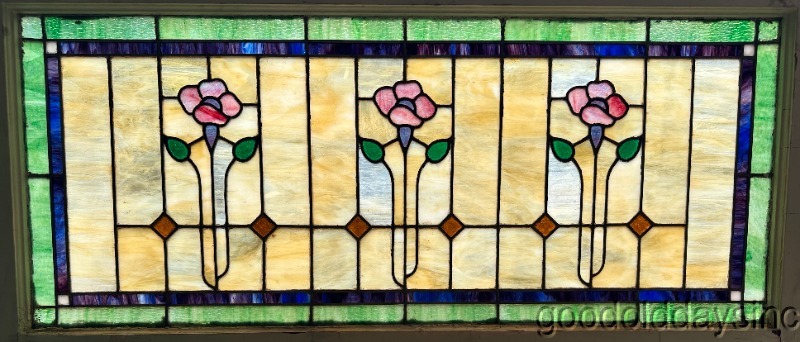 Antique Pair of Stained Leaded Glass Transom Window Chicago Bungalow Ca ...