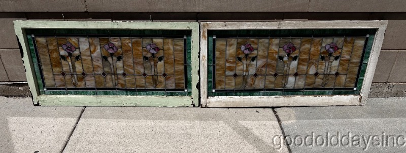 Antique Pair of Stained Leaded Glass Transom Window Chicago Bungalow Ca ...