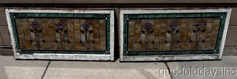 Antique Pair of Stained Leaded Glass Transom Window Chicago Bungalow Ca ...