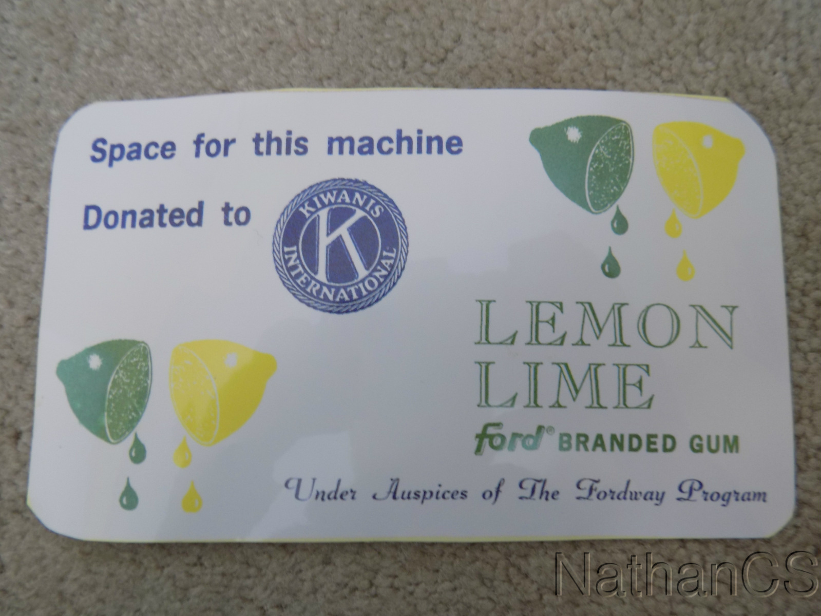 Ford Gum Machine Decal Sponsor Sticker Kiwanis Club Ford Lemon Lime Gum ...
