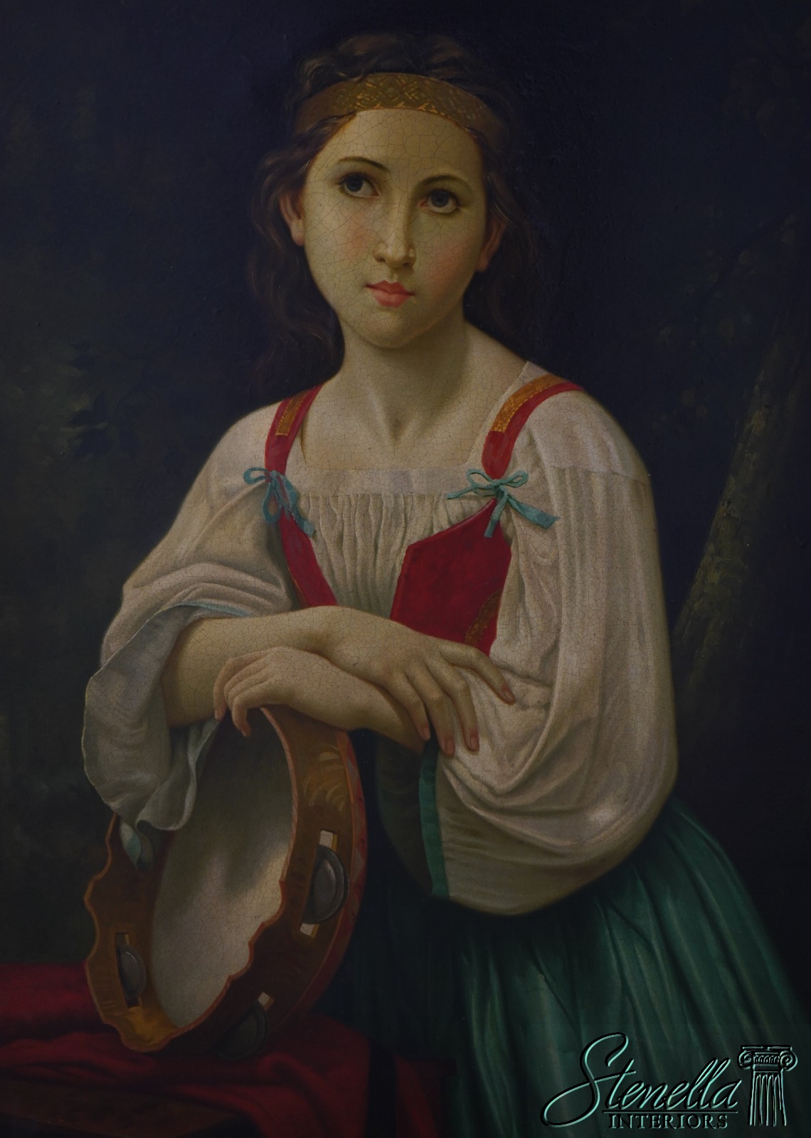 F69480: Ornate Framed Oil On Canvas Painting Gypsy Girl w. Tambourine ...