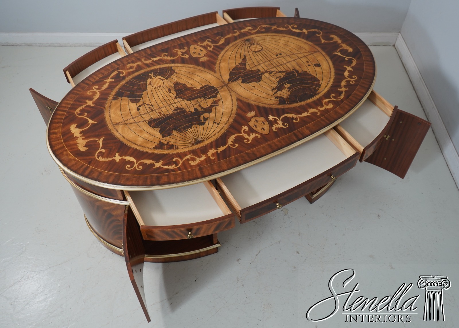 L68308: Italian Highly Inlaid World Map Executive Desk, Stenella ...