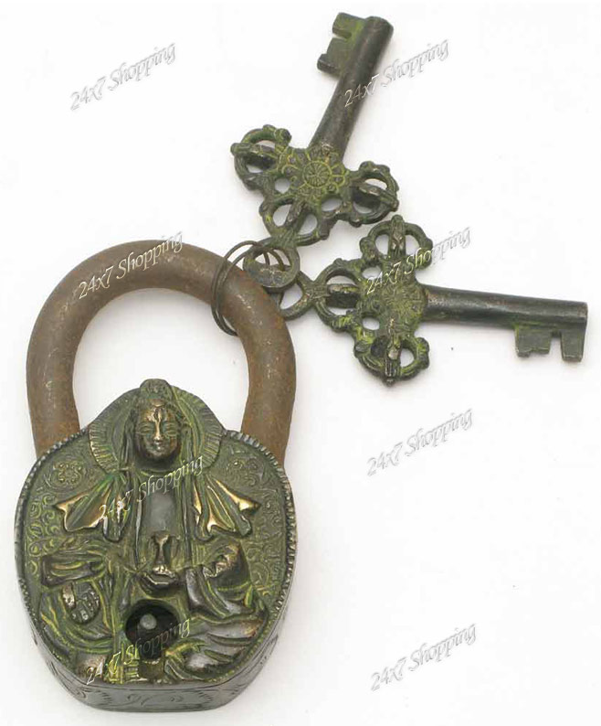 shopping24x7 : Vintage Buddha Face Solid Brass Padlock Keys~India Art