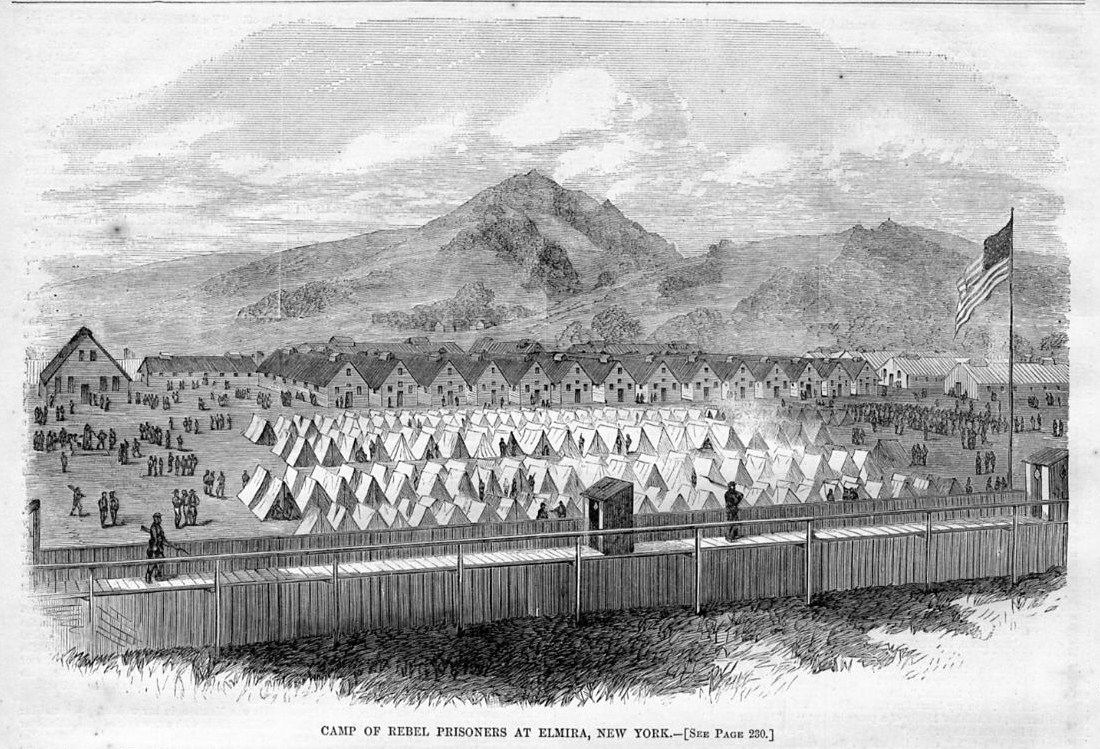 CIVIL WAR PRISON CAMP AT ELMIRA, NEW YORK, GUARDS, TENTS, REBEL ...