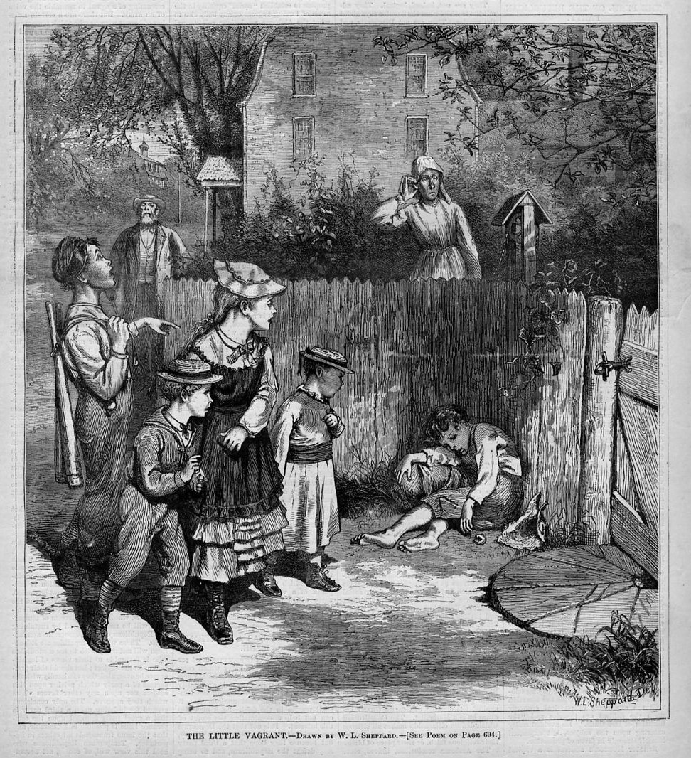 THE LITTLE VAGRANT BOY ASLEEP BY FENCE, HOMELESS YOUNG BOY, ANTIQUE ...