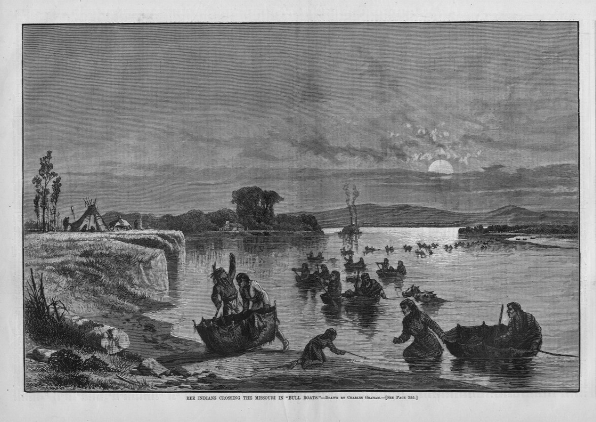 REE INDIANS CROSSING THE MISSOURI IN BULL BOATS SQUAWS PADDLING BOATS ...