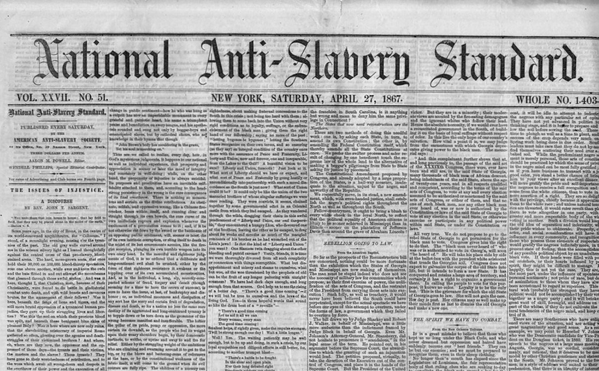 NATIONAL ANTI SLAVERY STANDARD 1867 NEWSPAPER WENDELL PHILLIPS NEGROES ...